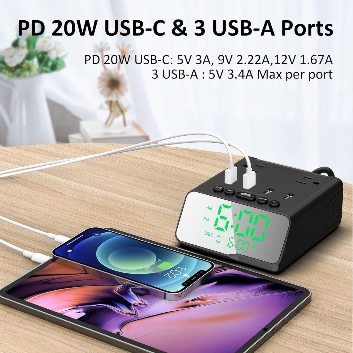 Alarm Clock with USB Charger Power Strip – BTUPOWER